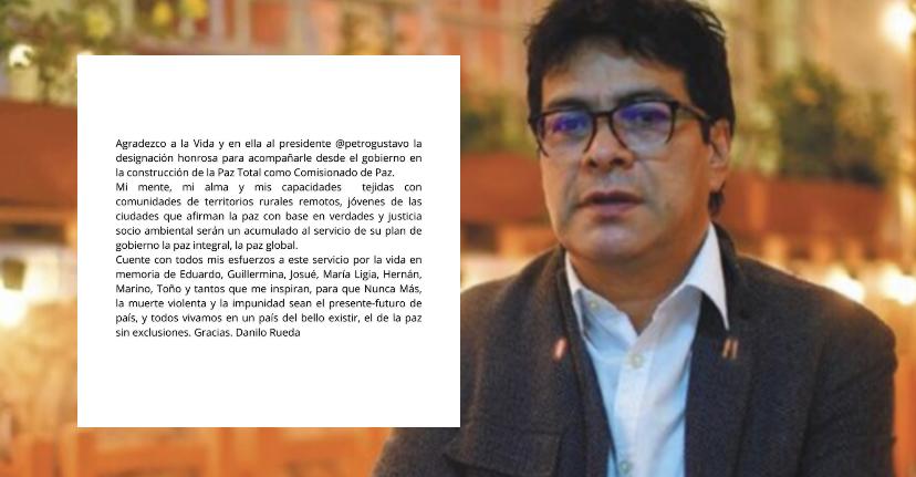 Danilo Rueda se pronuncia tras su nombramiento como comisionado de paz ...