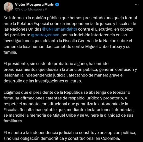 Víctor Mosquera denuncia ante ONU a Petro por presunta injerencia en el ...